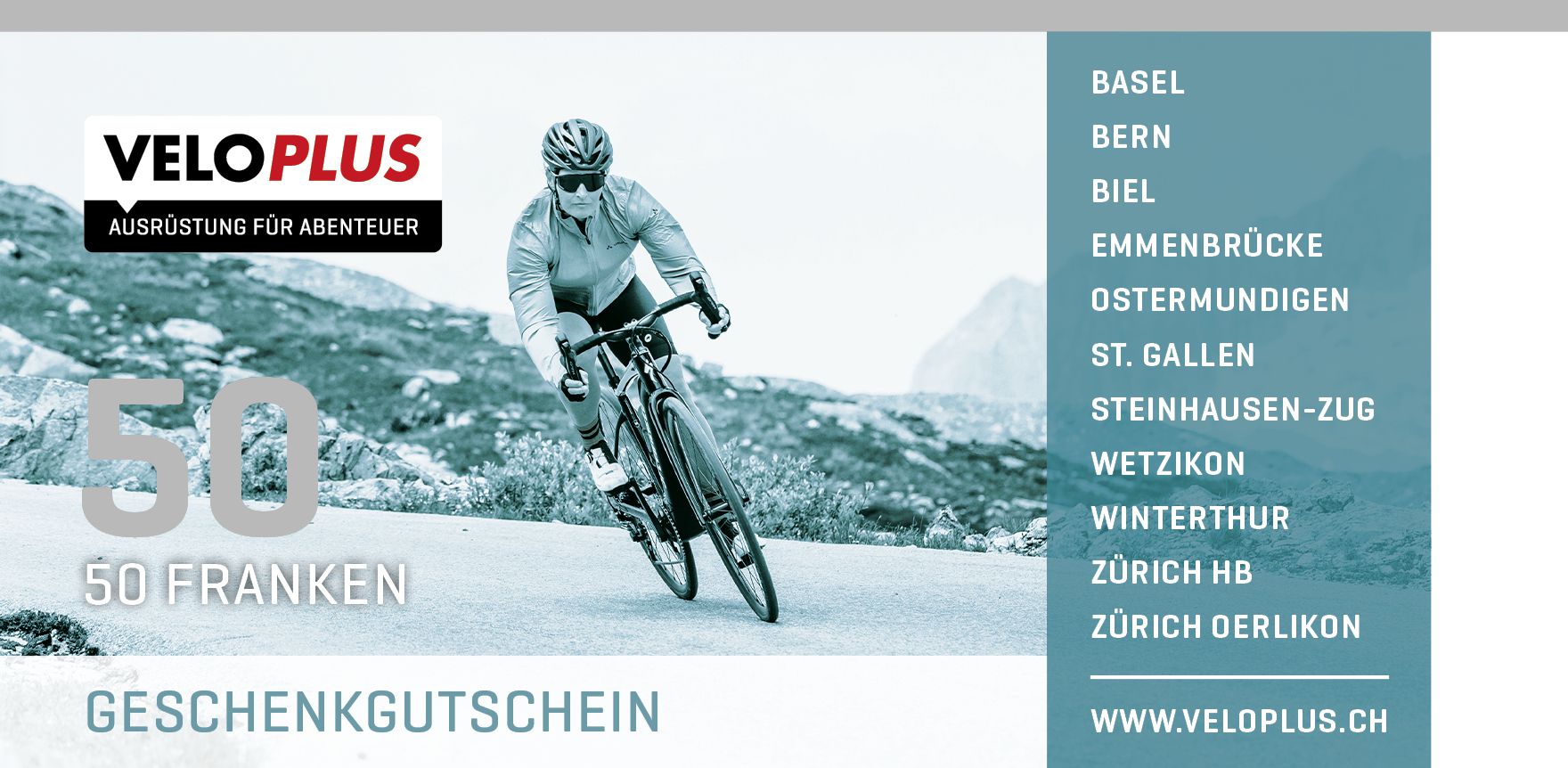 Geschenkgutscheine Fr. 10.- bis 100.- / CHF 20 - Veloplus Shop